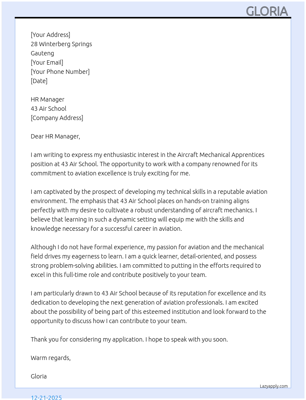 Cover letter for aircraft mechanical apprentices - LazyApply