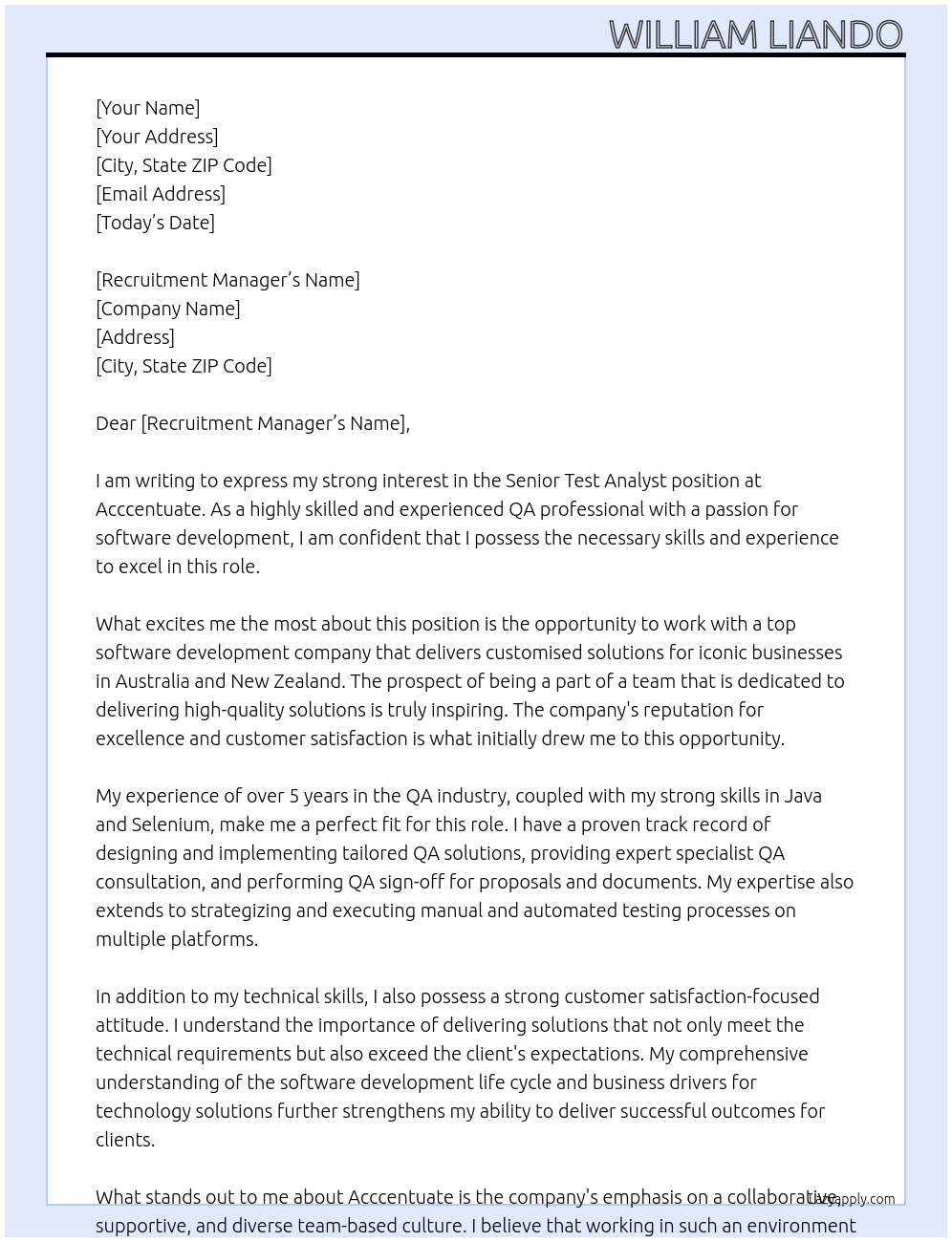 Cover letter for senior test analyst - LazyApply