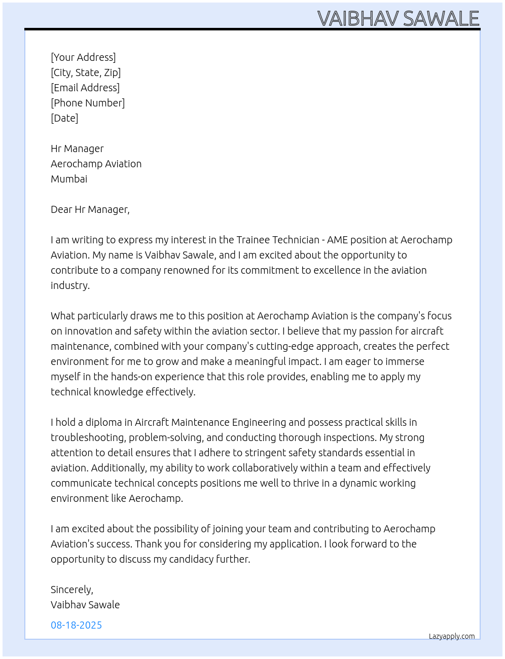 Cover letter for trainee technician -ame - LazyApply