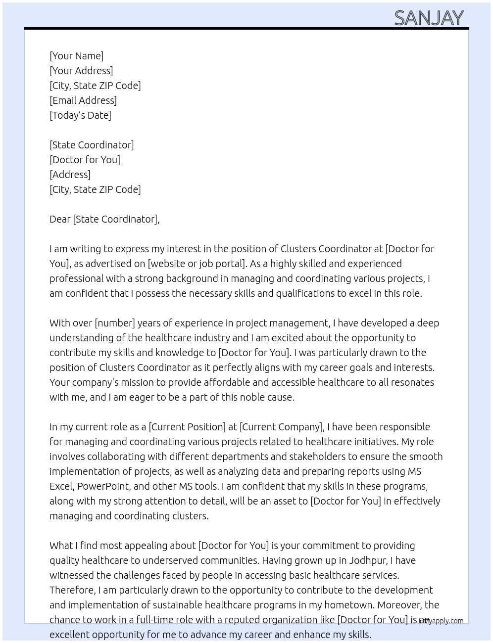 Cover letter for clusters coordinator - LazyApply