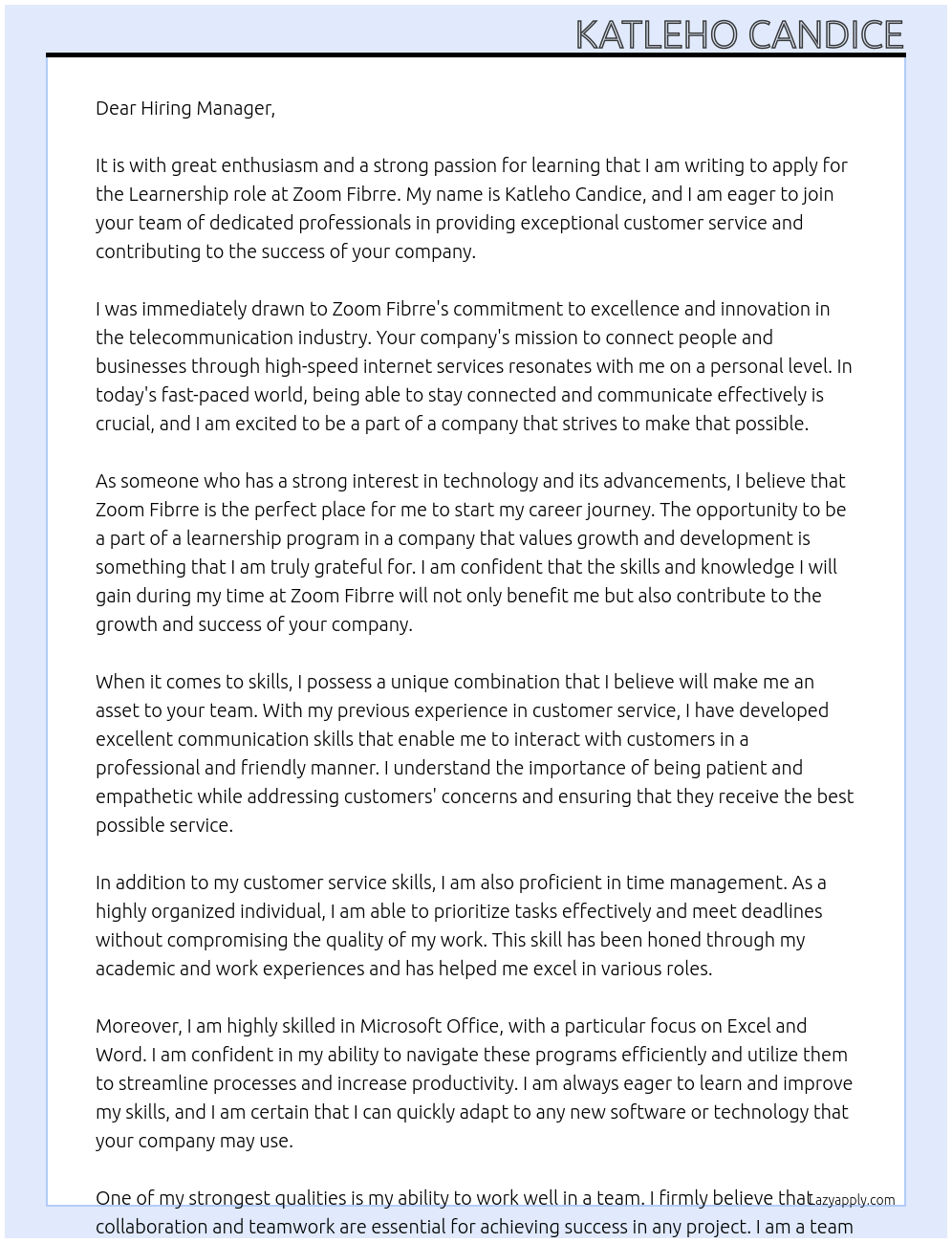 Cover letter for learnership - LazyApply