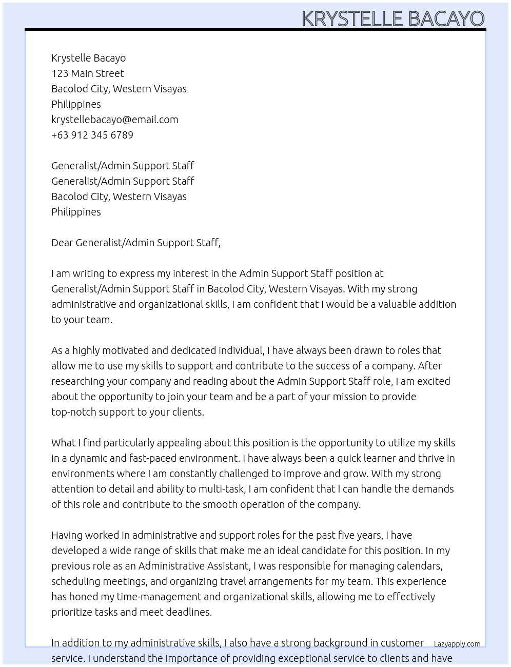 Cover letter for admin support staff - LazyApply
