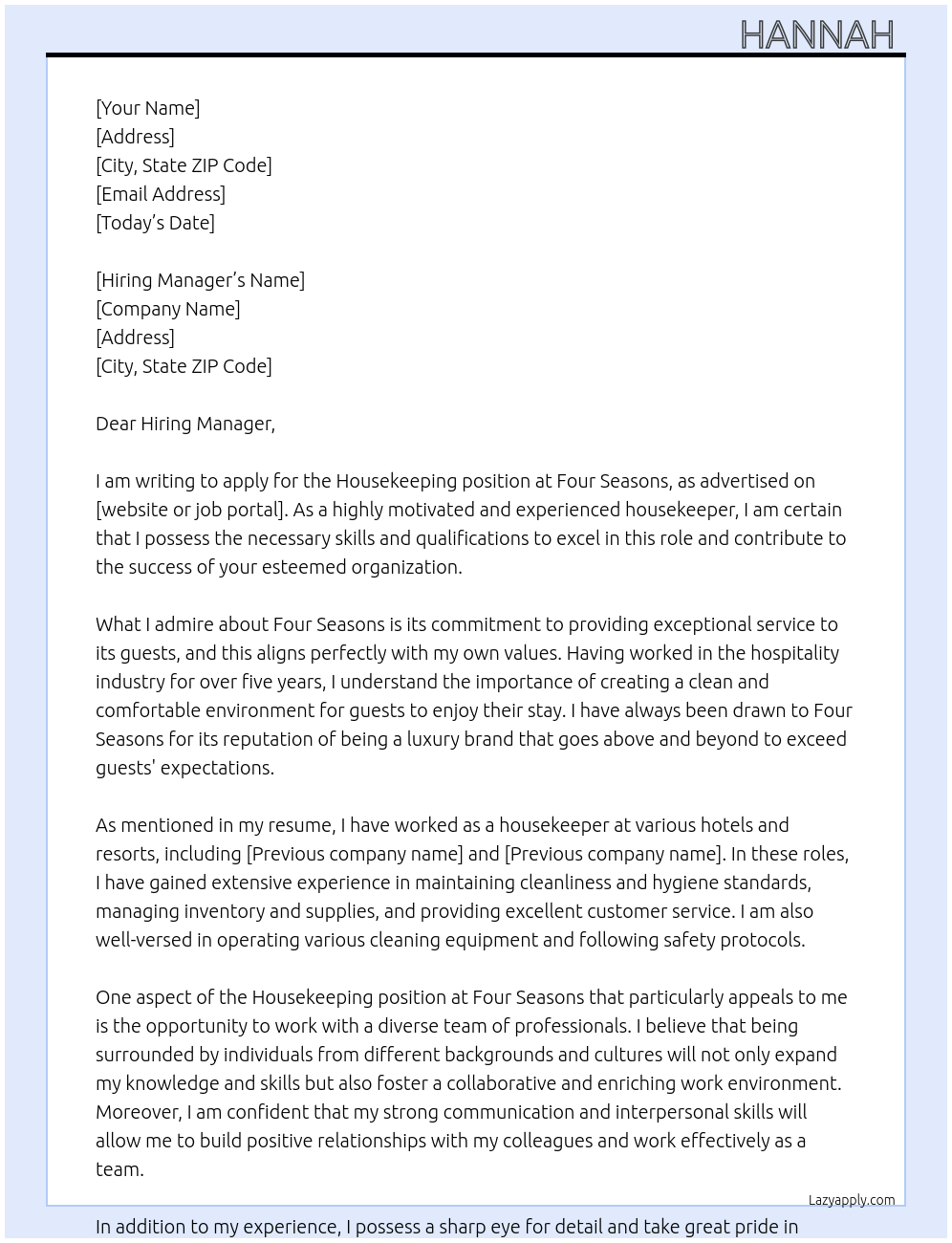 Cover letter for housekeeping - LazyApply