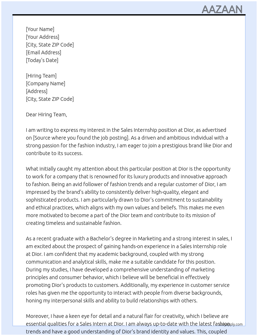 Cover letter for sales internship - LazyApply
