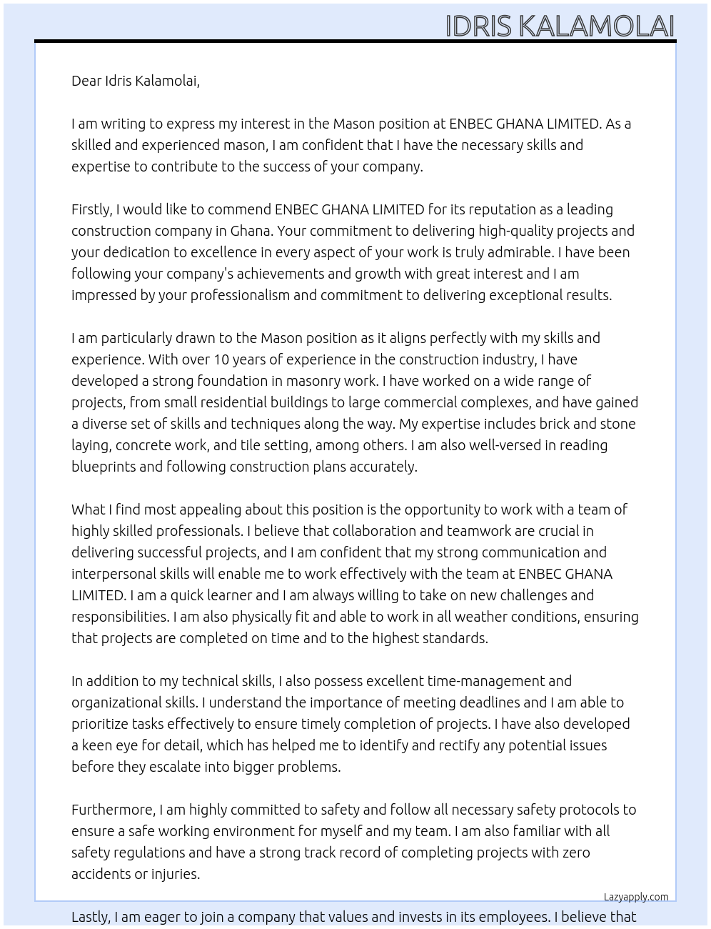 Cover letter for mason - LazyApply