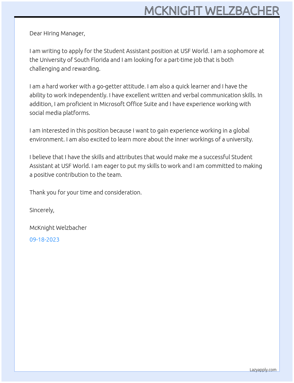Cover letter for student assistant - LazyApply
