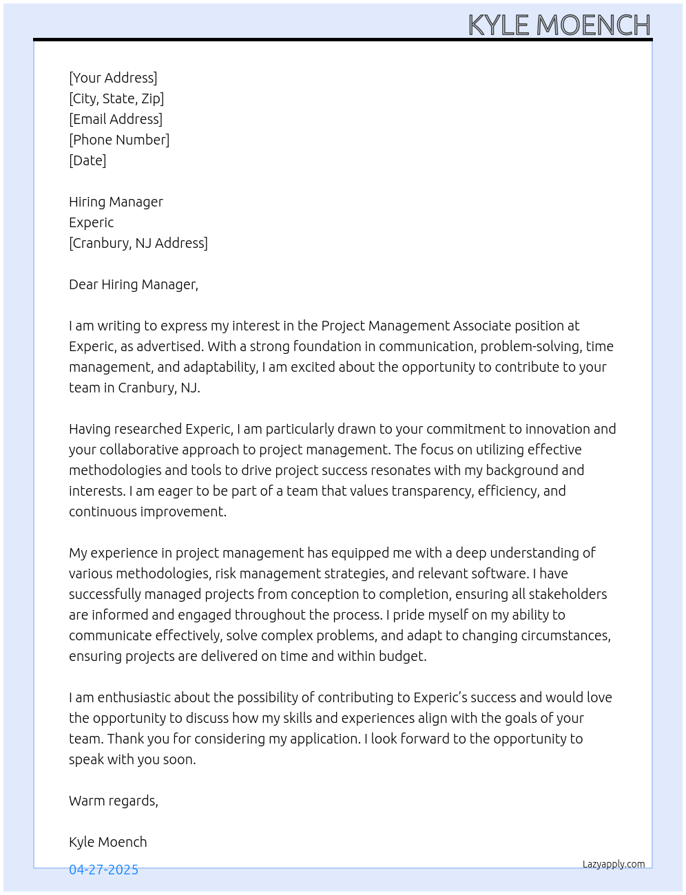 Cover letter for project management associate - LazyApply