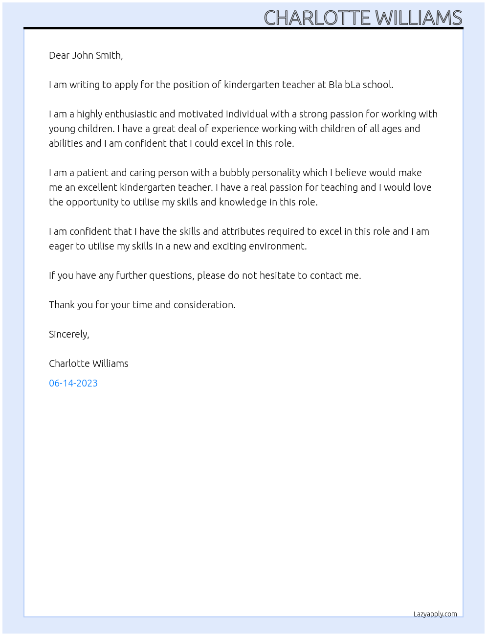 Cover letter for kindergarten teacher - LazyApply