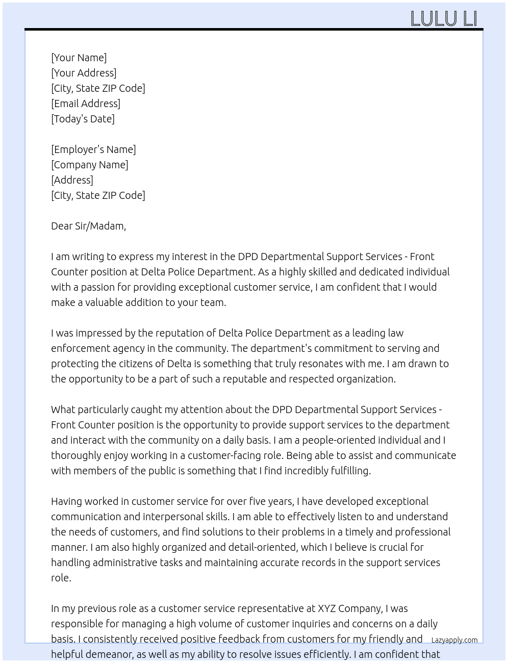 Cover letter for dpd departmental support services - front counter ...