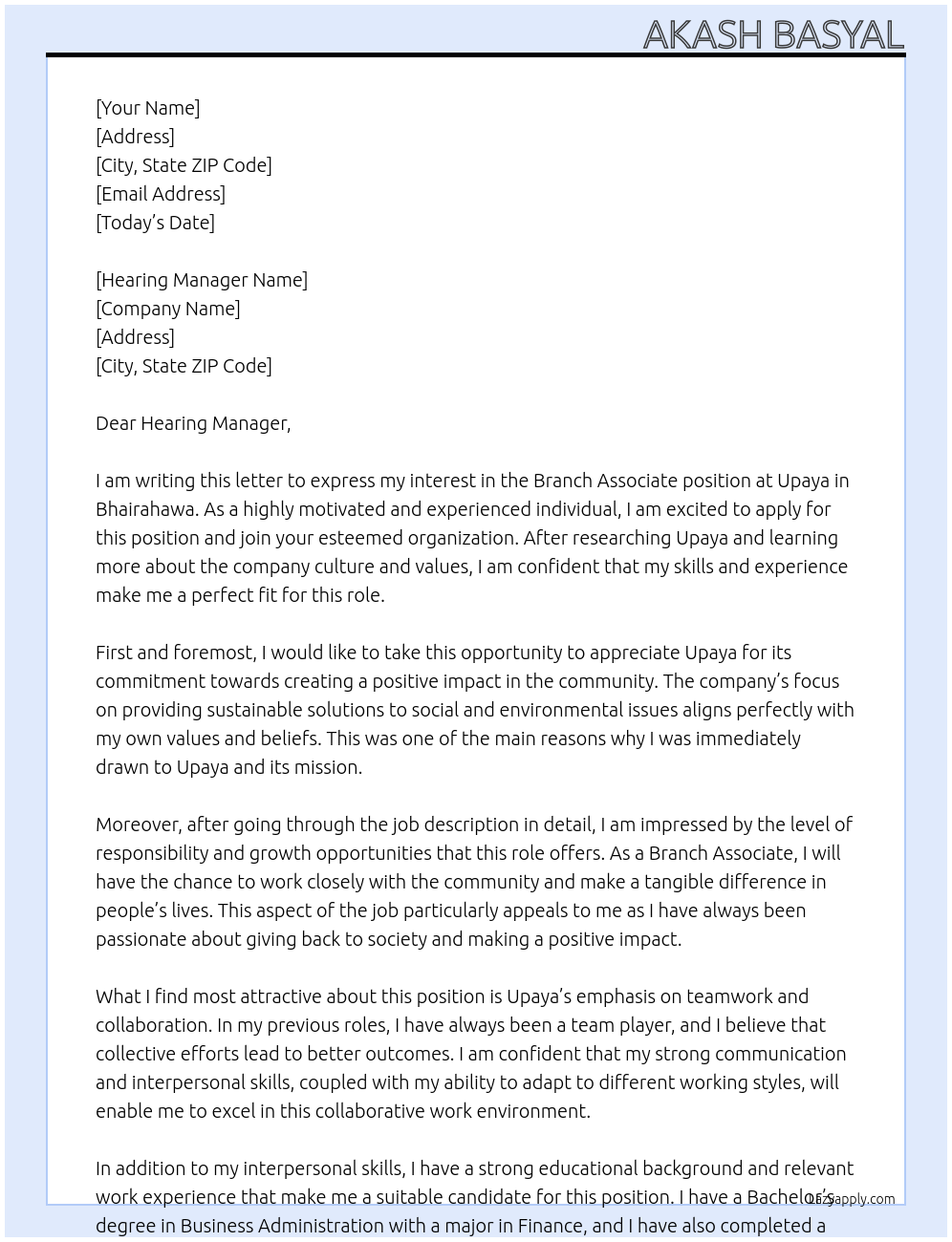 Cover letter for branch associate – bhairahawa - LazyApply
