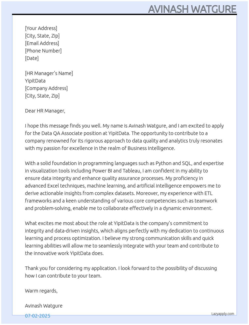 Cover letter for data qa associate - LazyApply