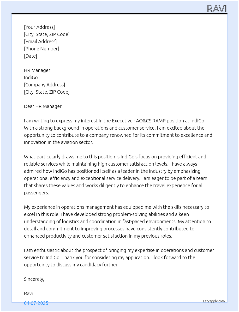 Cover letter for executive- ao&cs ramp hyd - LazyApply