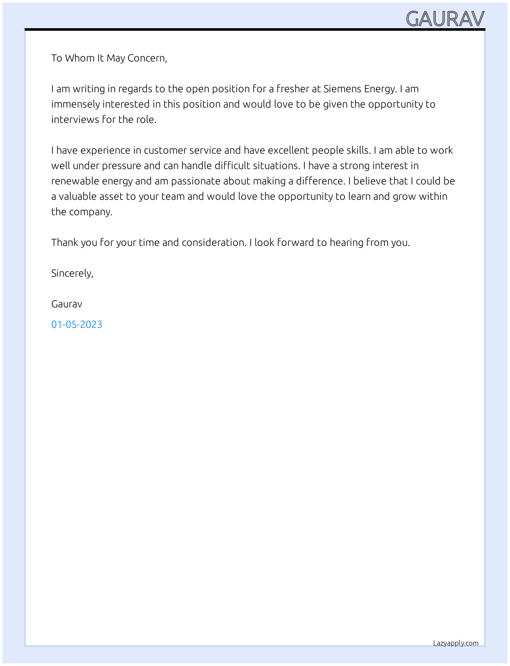 Cover Letter For Siemens Energy LazyApply