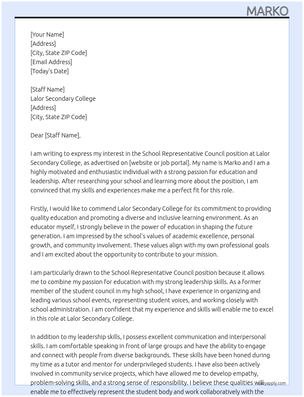 Cover letter for school representative council - LazyApply