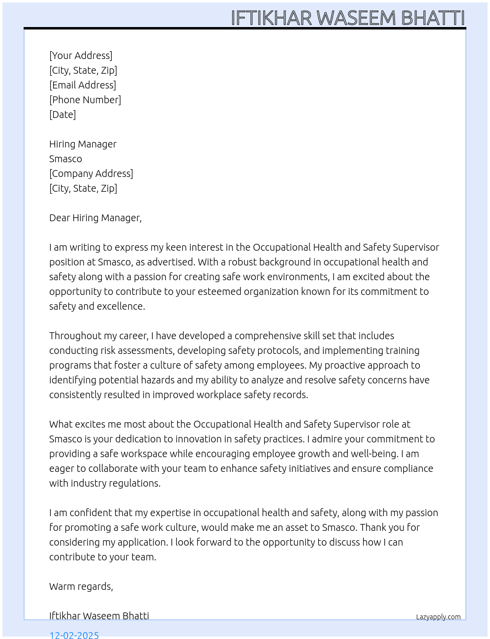 Cover letter for occupational health and safety supervisor - LazyApply