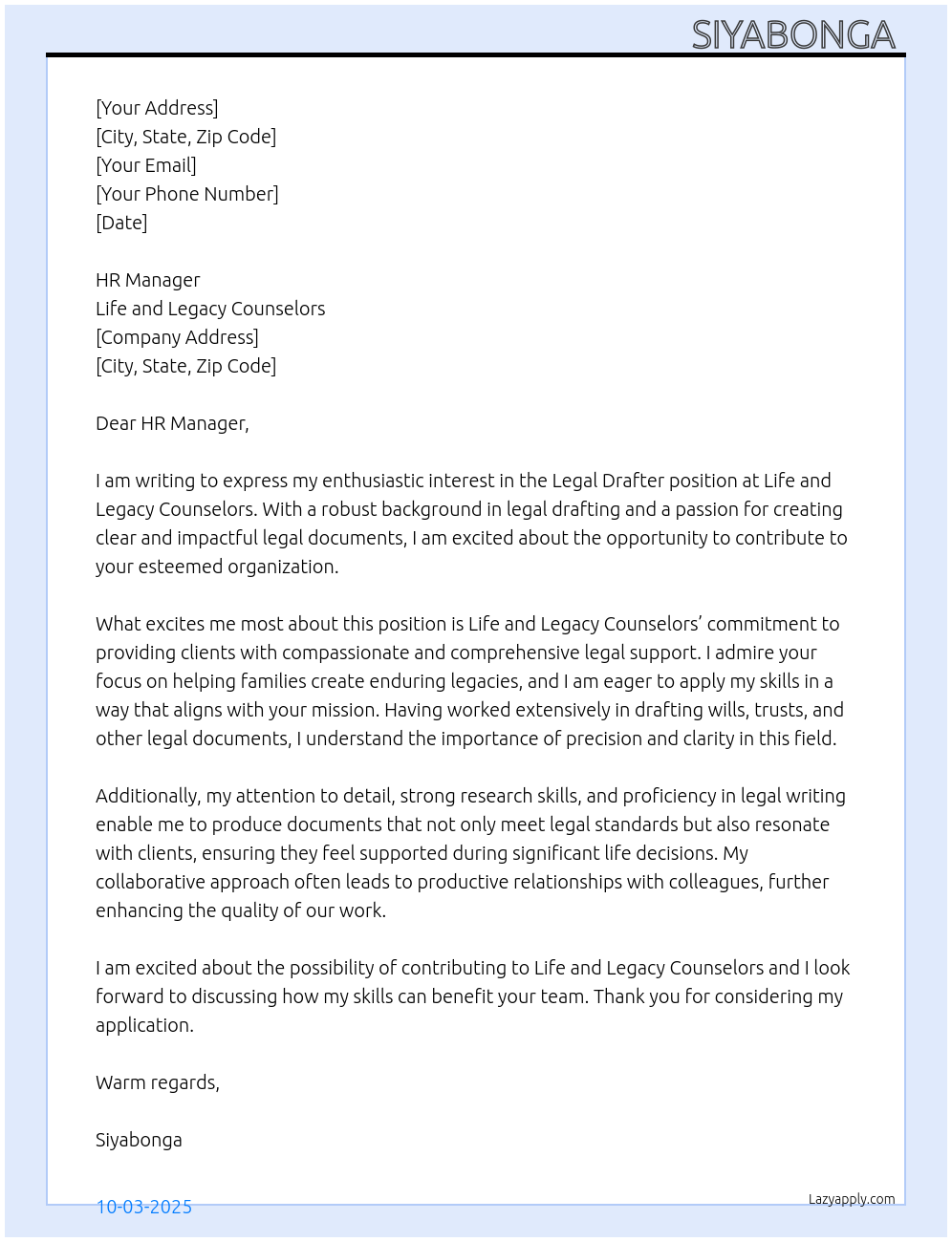 Cover letter for legal drafter - LazyApply