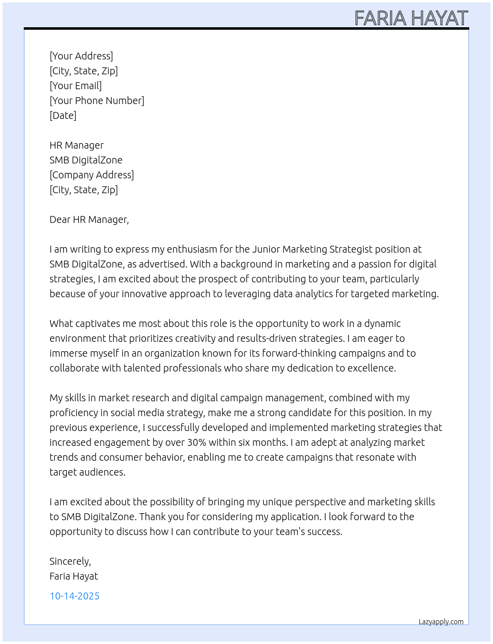 Cover letter for junior marketing strategiest - LazyApply