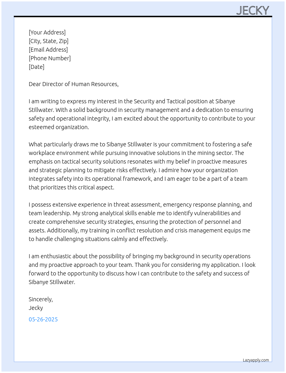 Cover letter for security and tactical - LazyApply