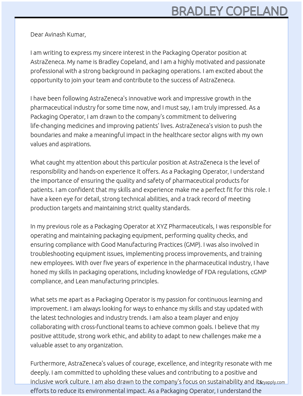 Cover letter for packaging operator - LazyApply
