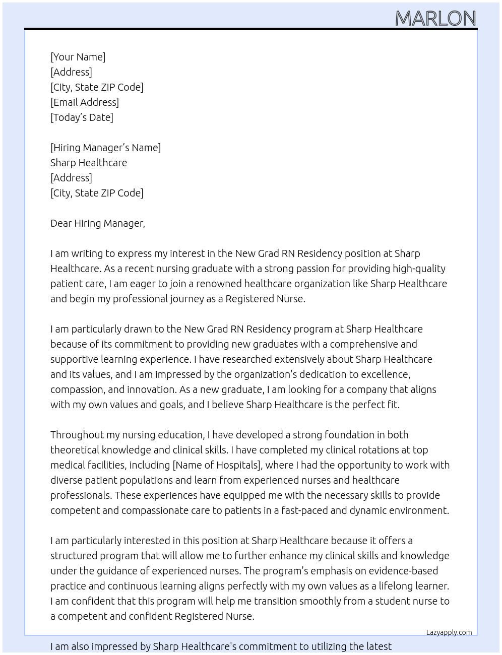 Cover letter for new grad rn residency - LazyApply