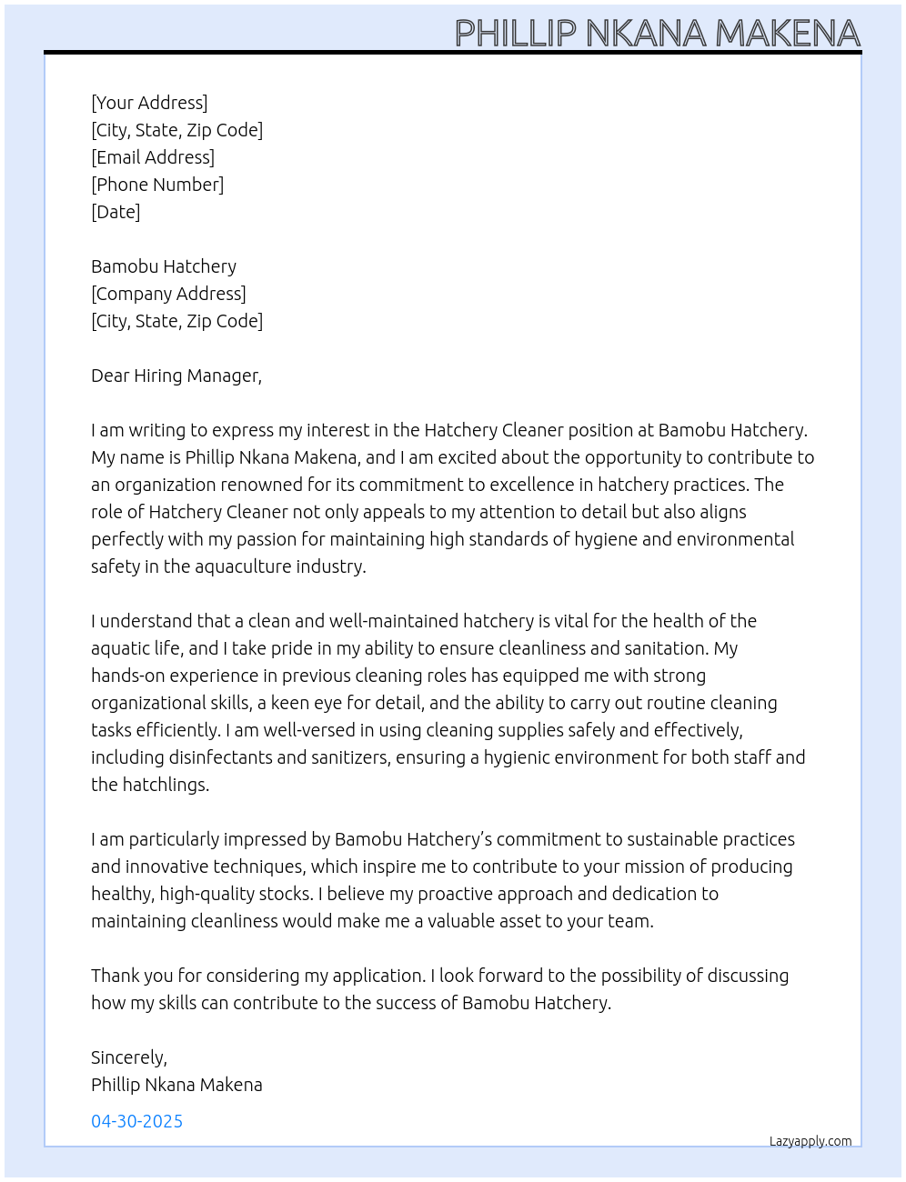 Cover letter for hatchery cleaner - LazyApply