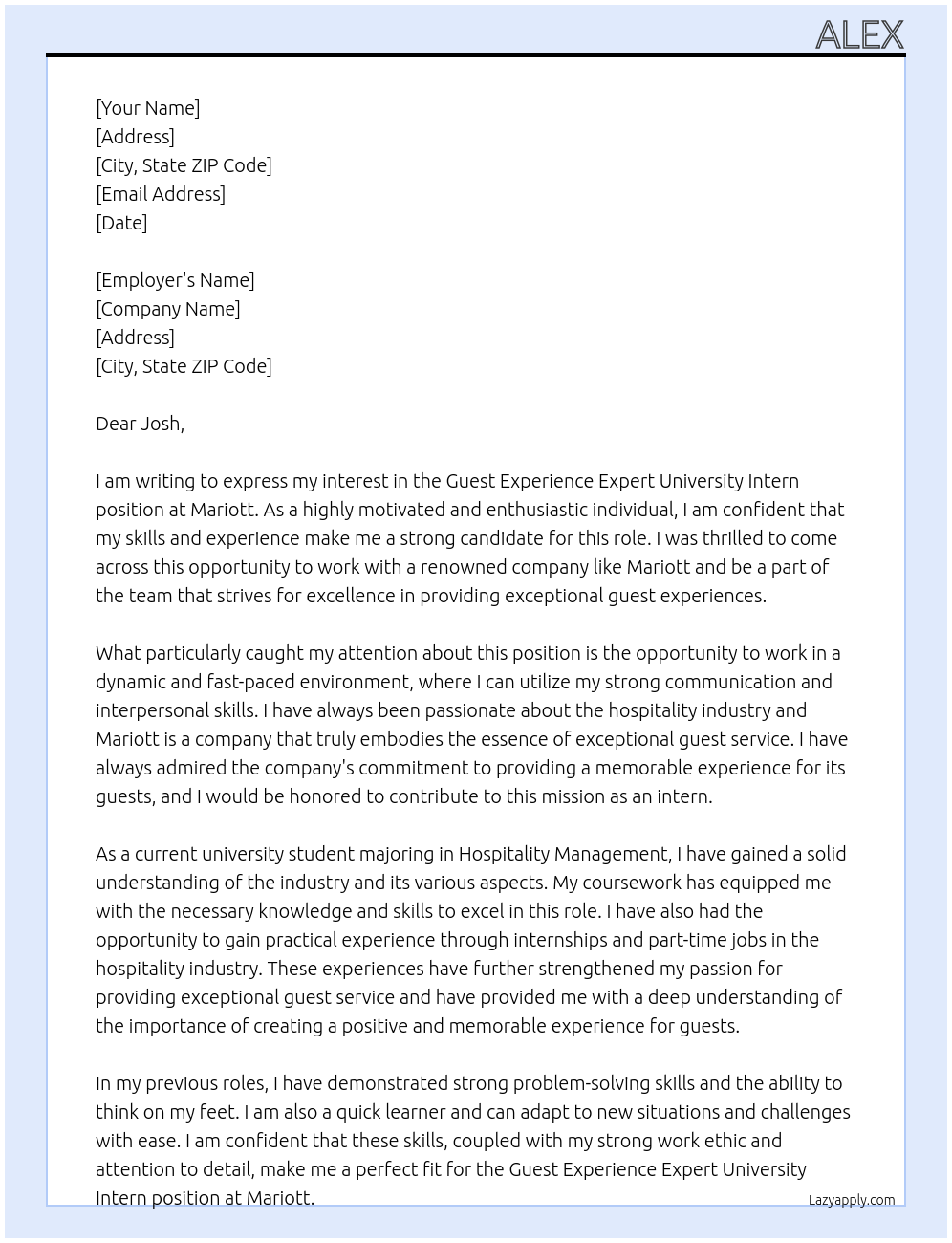 Cover letter for guest experience expert university intern - LazyApply