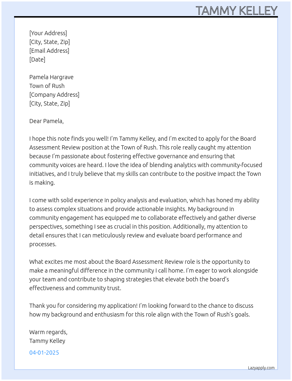 Cover letter for board assessment review - LazyApply