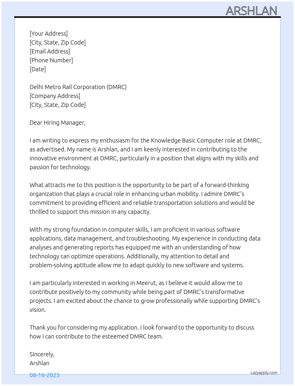 Cover letter for metro - LazyApply