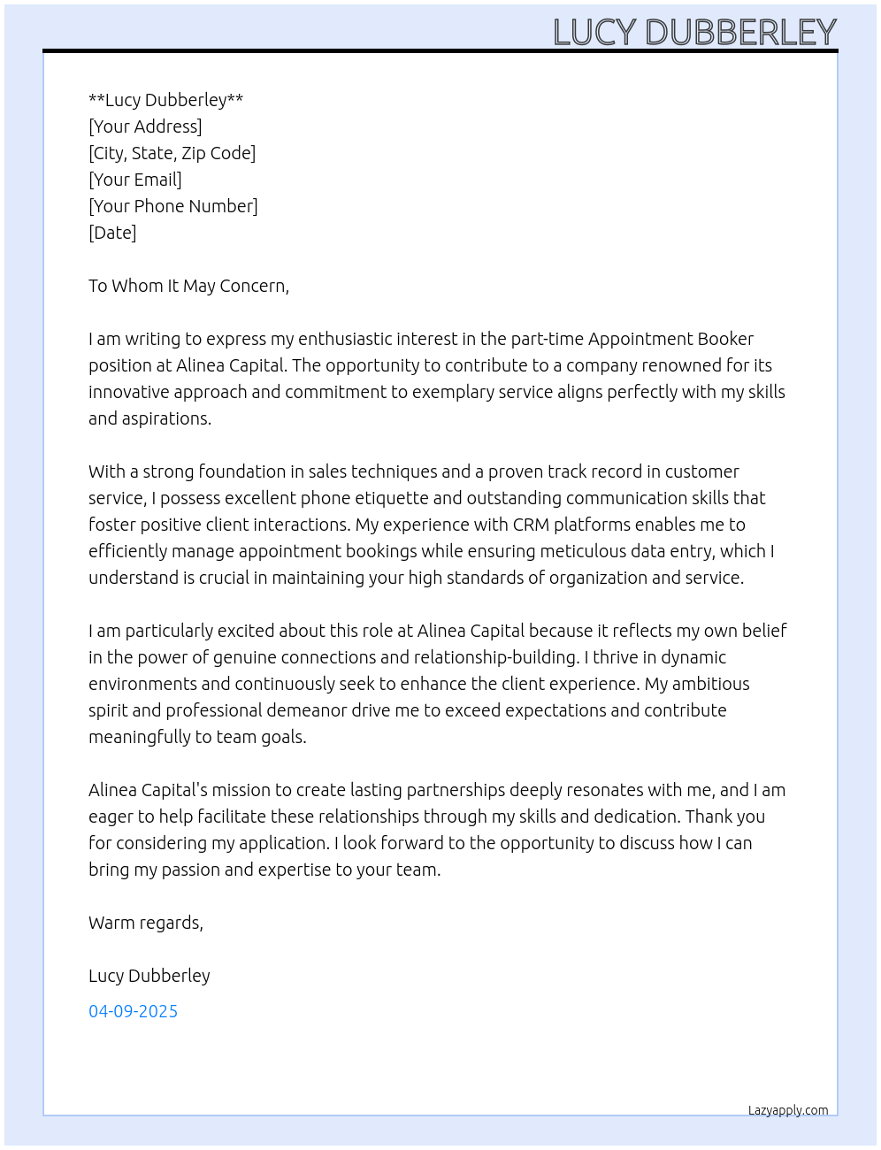 Cover letter for appointment booker - LazyApply
