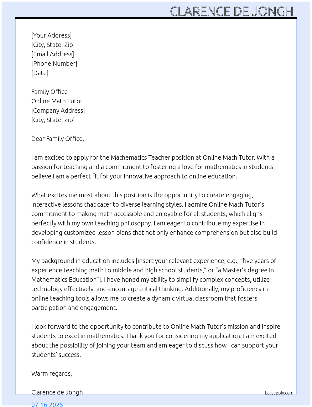 Cover letter for mathematics teacher - LazyApply
