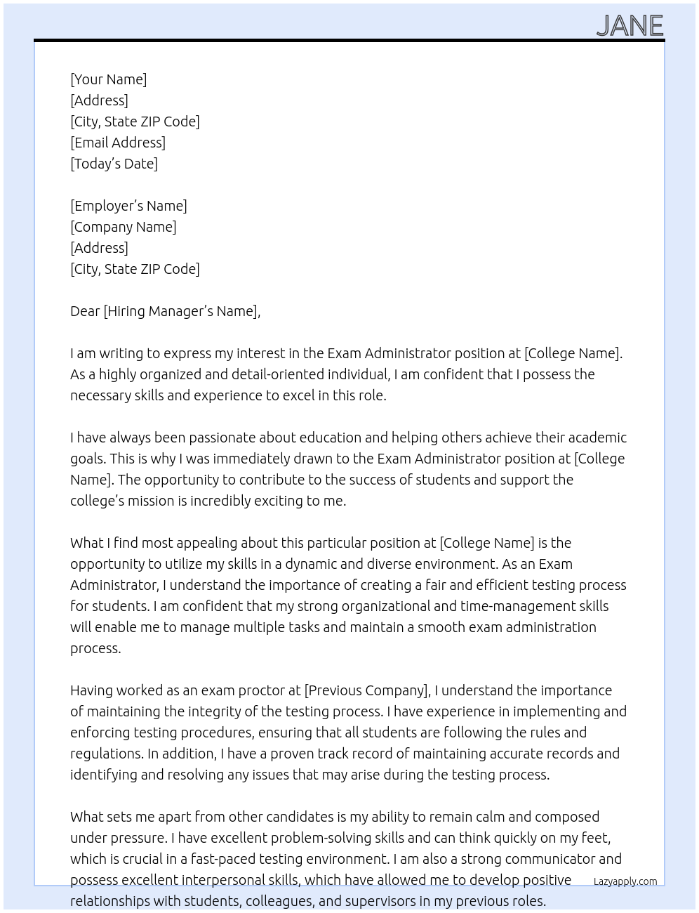 Cover letter for exam administrator - LazyApply
