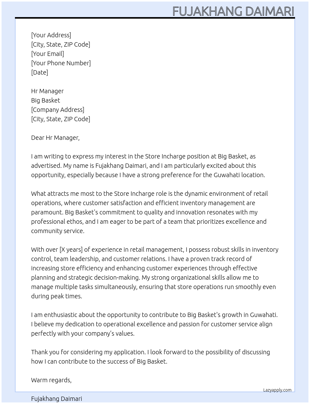 Cover letter for store incharge - LazyApply