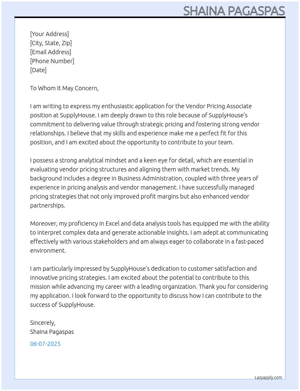 Cover letter for vendor pricing associate - LazyApply