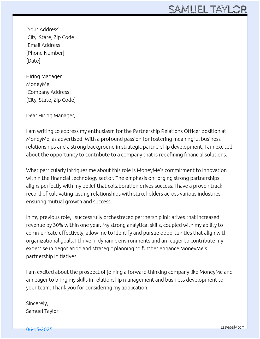 Cover letter for partnership relations officer - LazyApply