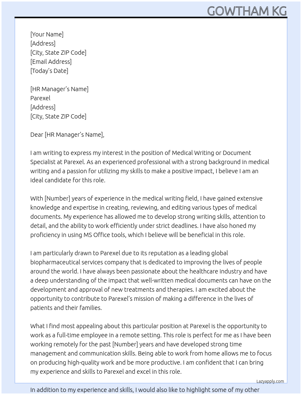 Cover letter for medical writting or document specialist - LazyApply