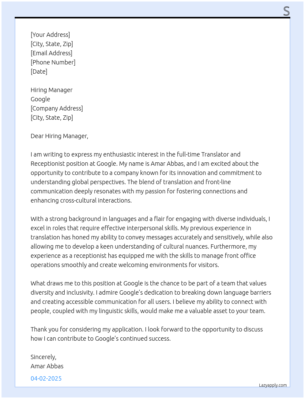 Cover letter for translator and receptionist - LazyApply