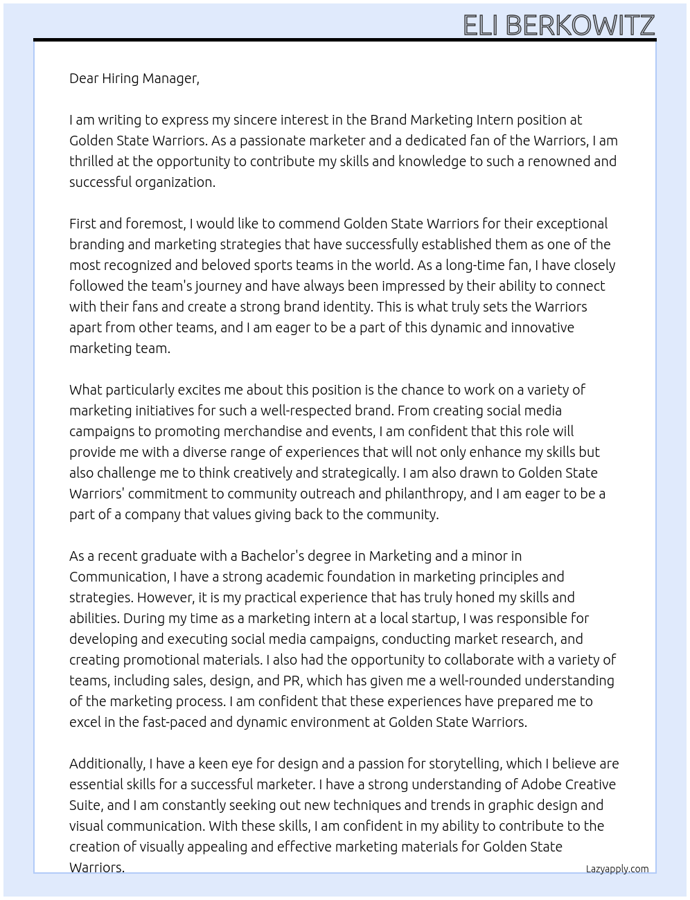 Cover letter for Golden State Warriors - LazyApply