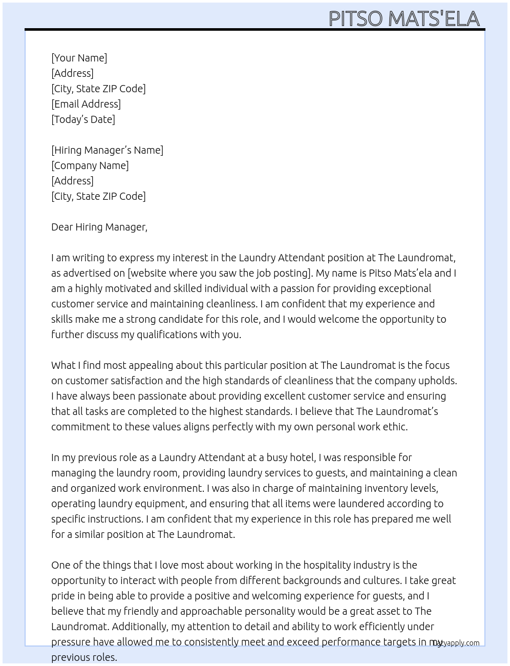 Cover letter for laundry attendant - LazyApply