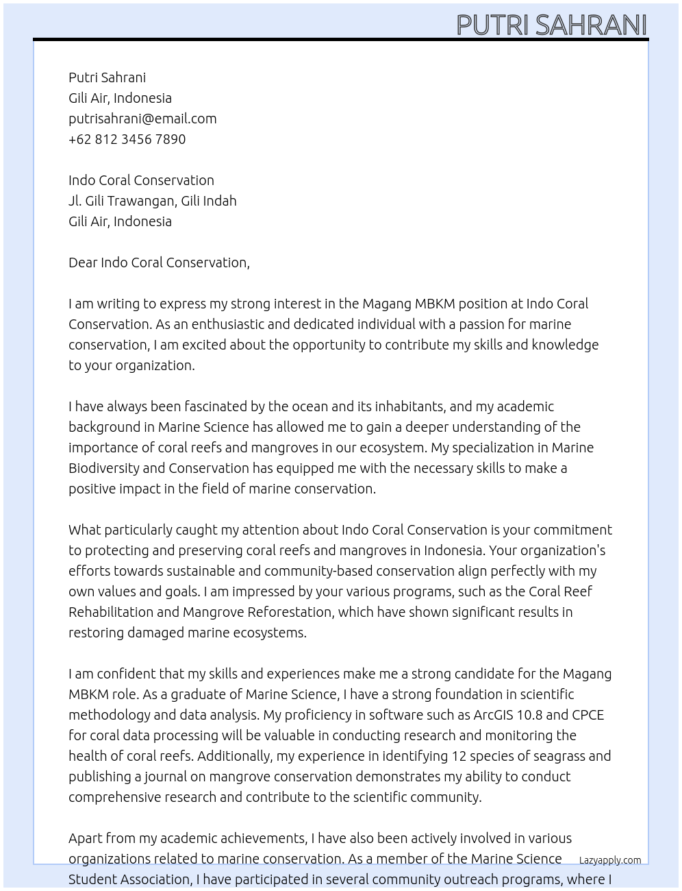 Cover letter for magang mbkm - LazyApply