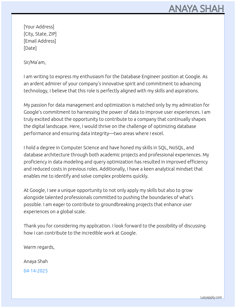 Cover letter for databases engineer - LazyApply