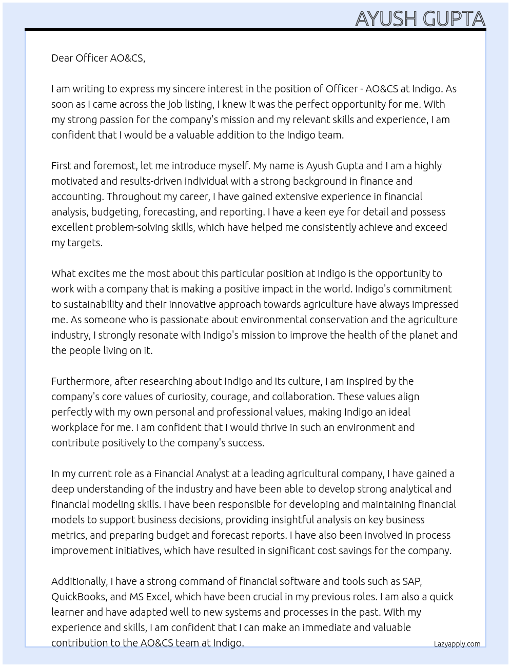 Cover letter for officer - ao&cs - LazyApply