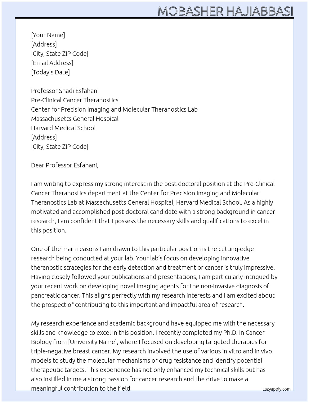 Cover letter for postdoctoral position - LazyApply