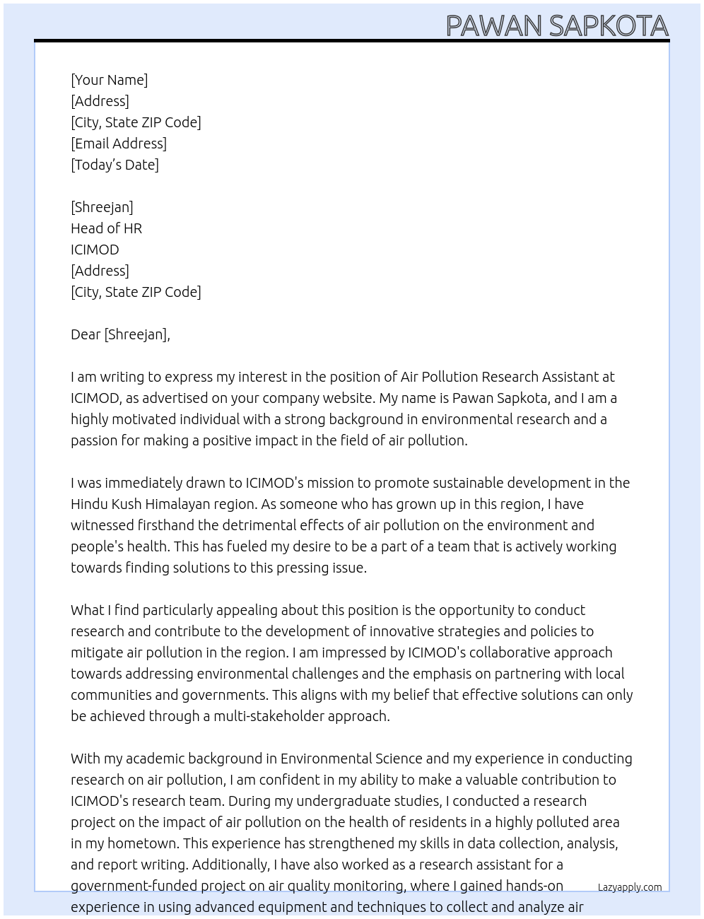 Cover letter for air pollution research assistant - LazyApply
