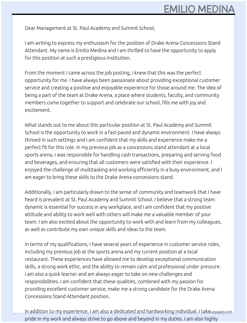 Cover letter for drake arena concessions stand attendant - LazyApply