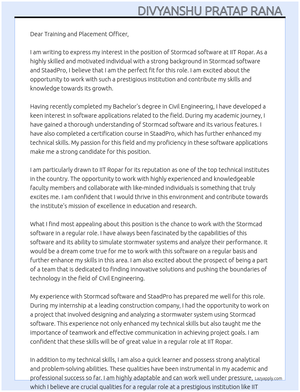 Cover letter for iit ropar - LazyApply