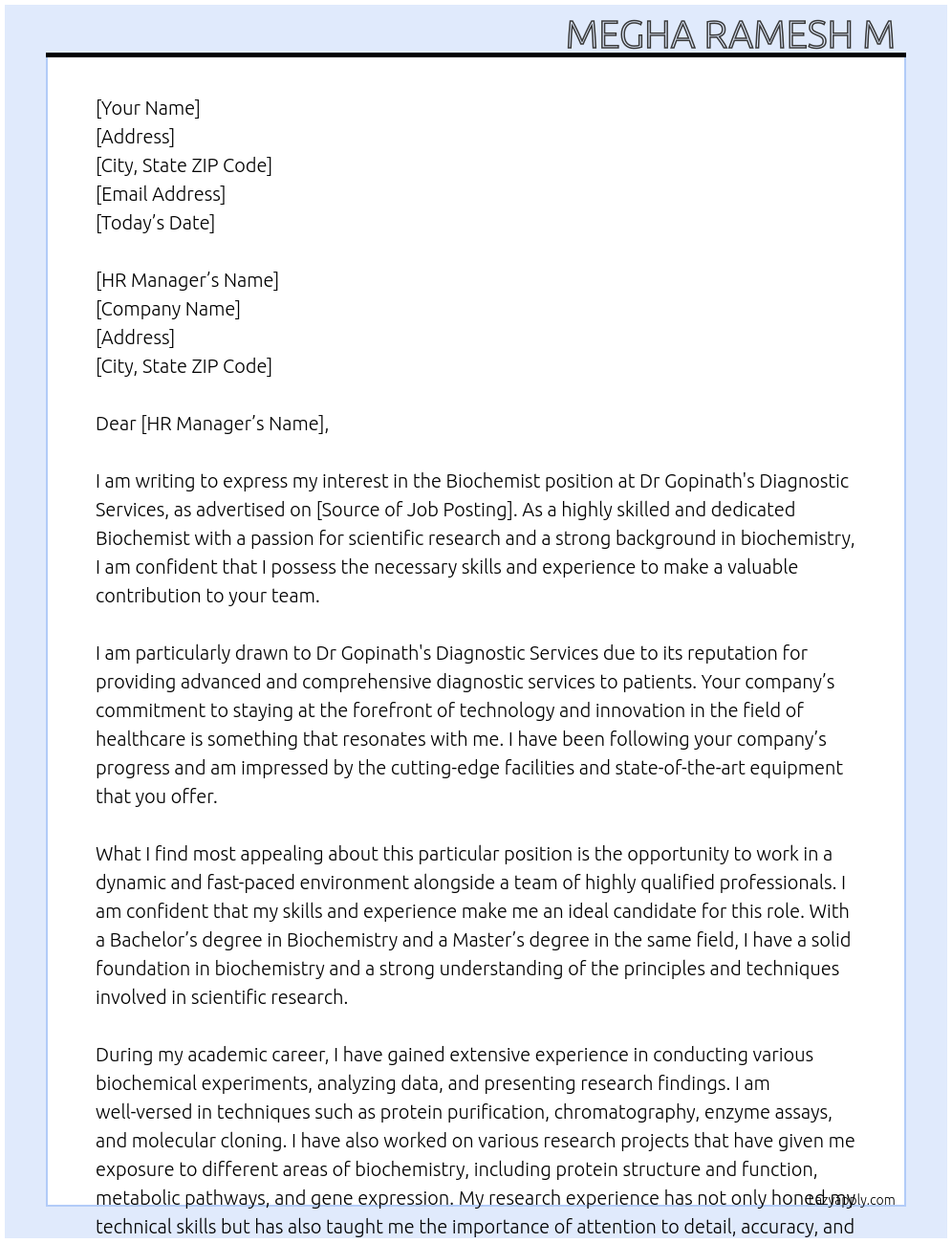 Cover letter for biochemist - LazyApply