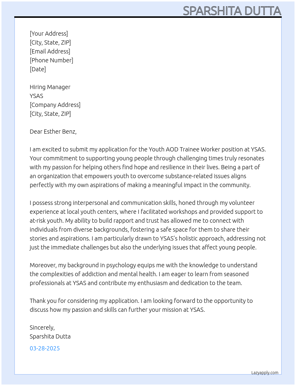 Cover letter for youth aod trainee worker - LazyApply