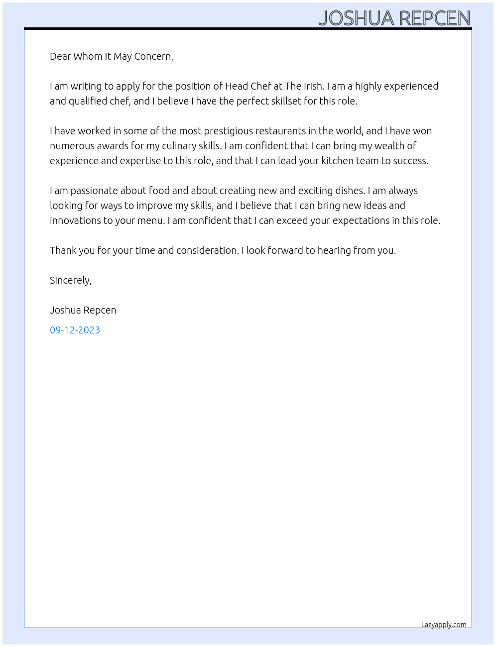 Cover letter for head chef - LazyApply