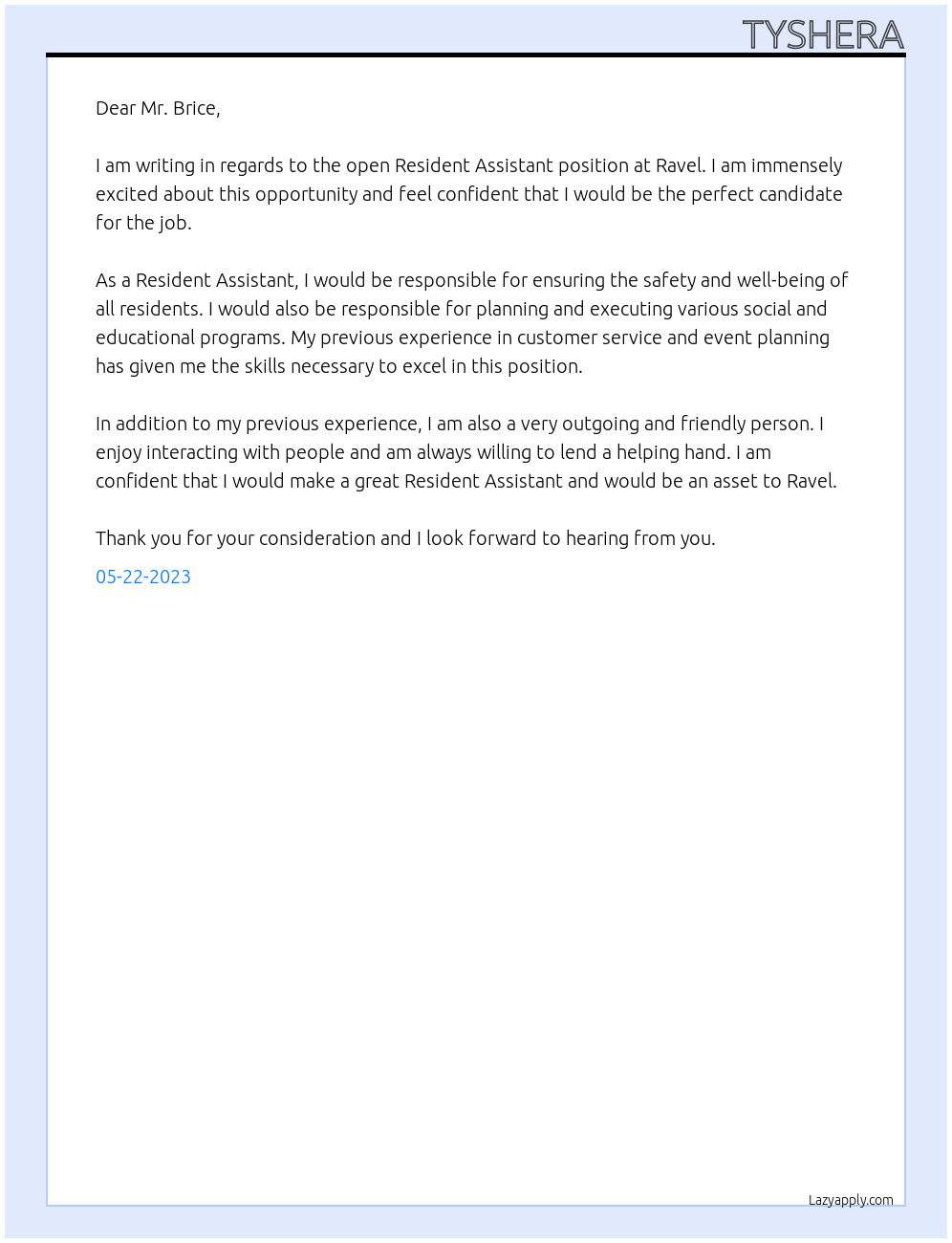 Cover letter for resident assistant - LazyApply