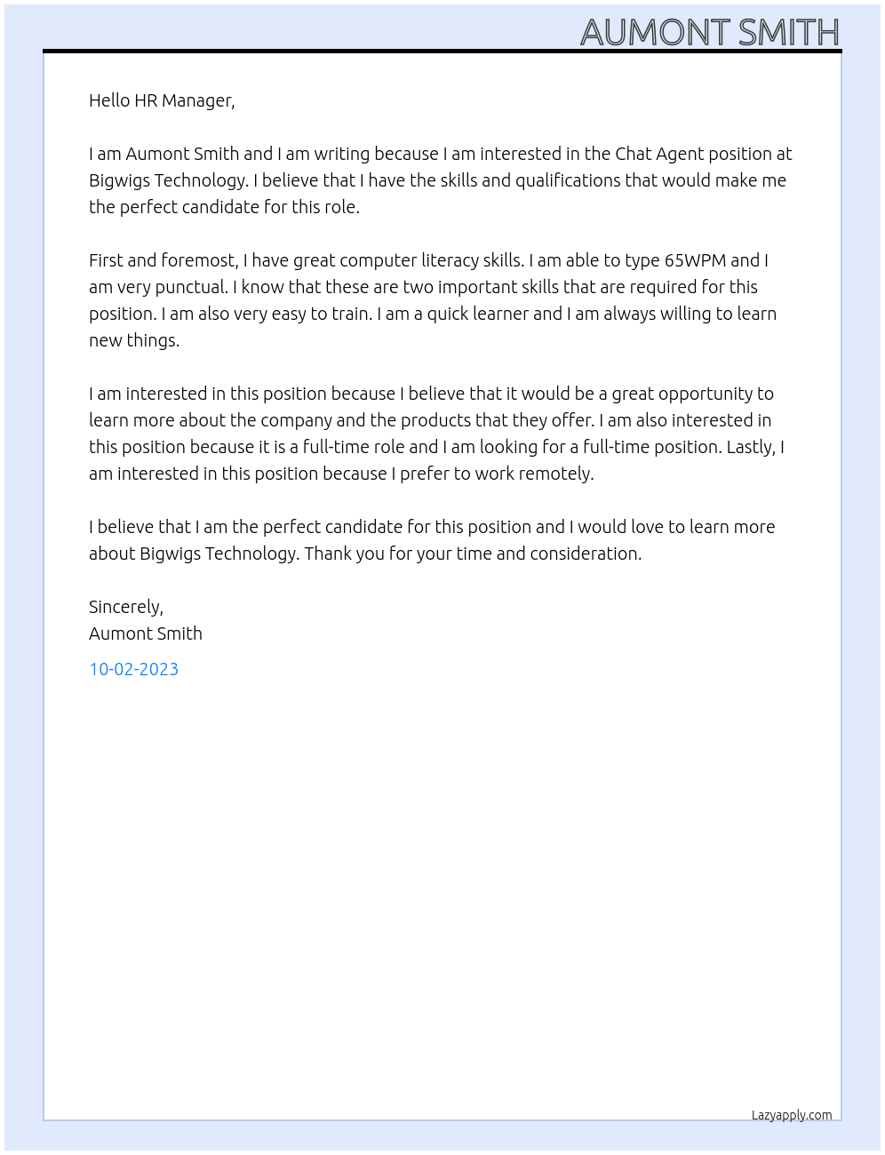 Cover letter for chat agent - LazyApply